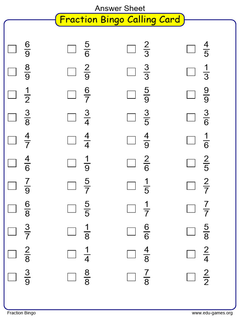 Fraction Bingo Calling Card List | PDF