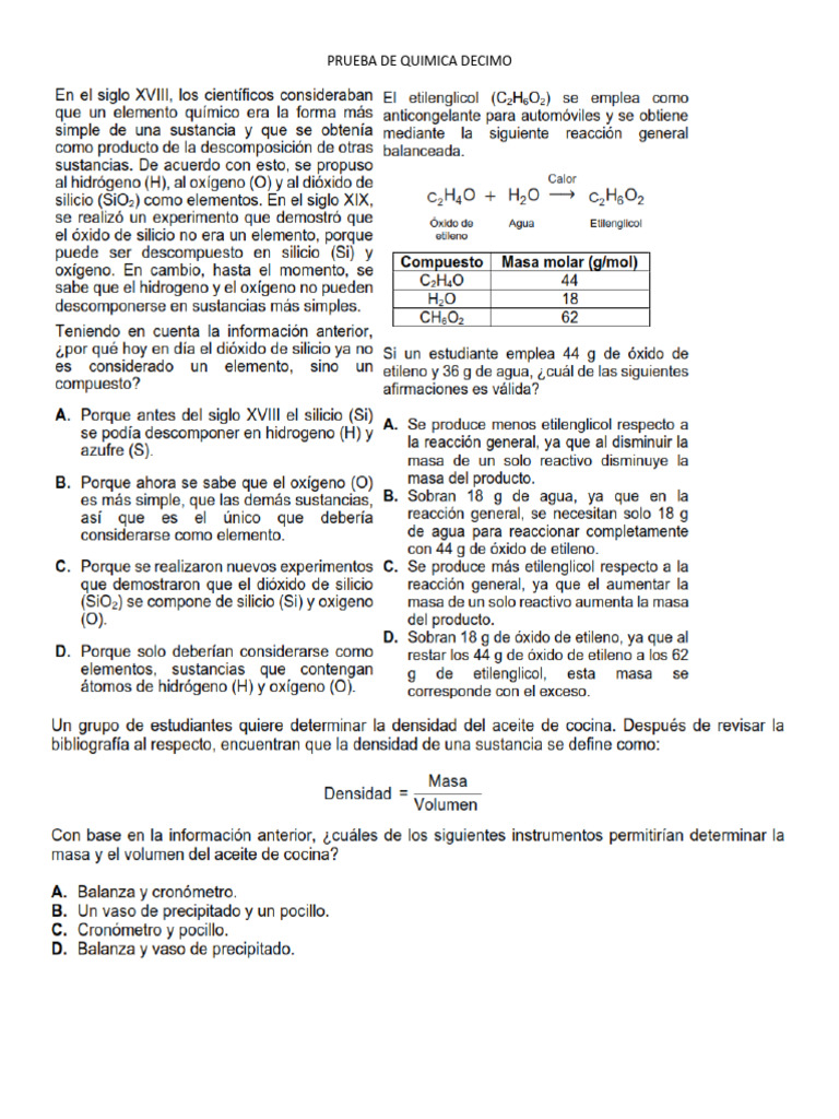 Prueba de Quimica Decimo | PDF