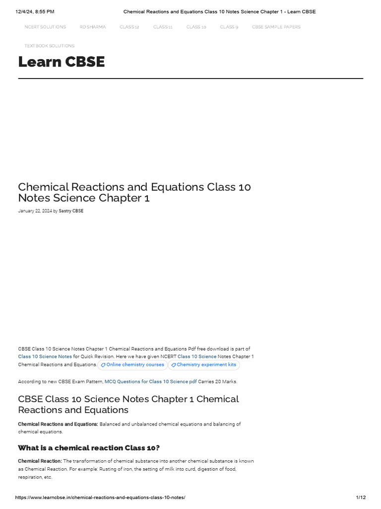 Class 10 Chemical Reactions Notes | PDF | Redox | Chemical Reactions