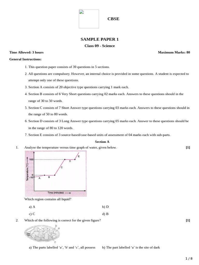 Sample Paper 1 Science Class 9 | PDF
