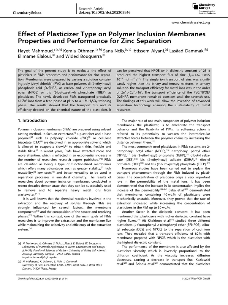 Effect of Plasticizer Type On Polymer Inclusion Me | PDF | Polyvinyl Chloride | Cell Membrane