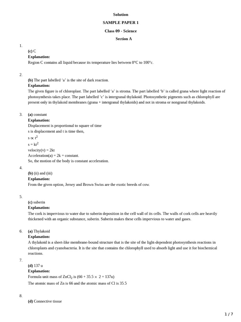 Sample Paper 1-1 Solutions Class 9 Science | PDF | Cell (Biology) | Cell Membrane