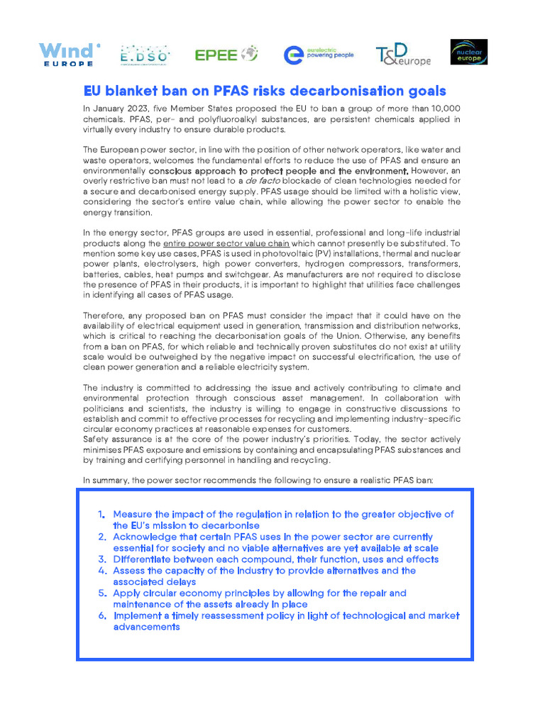 Joint Statement From Power Industries On Pfas Ban | PDF