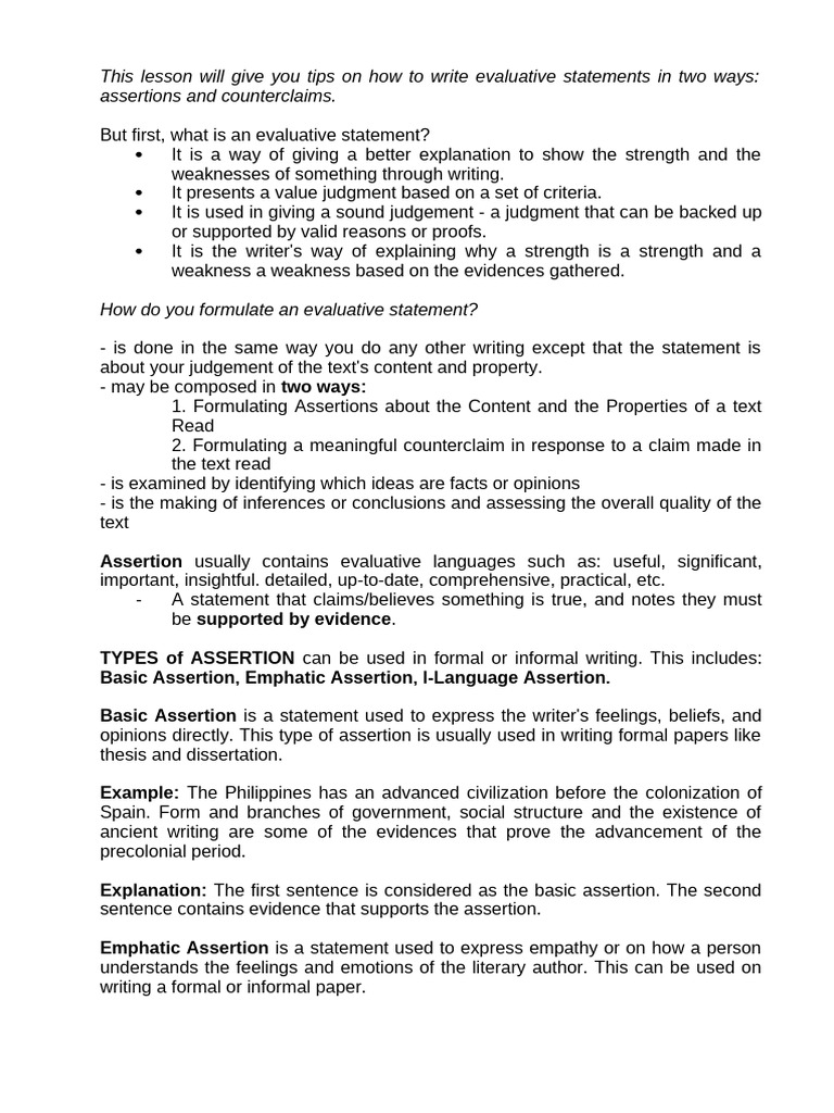 Assertion and Counterclaim NOTES | PDF | Thesis | Judgment (Law)