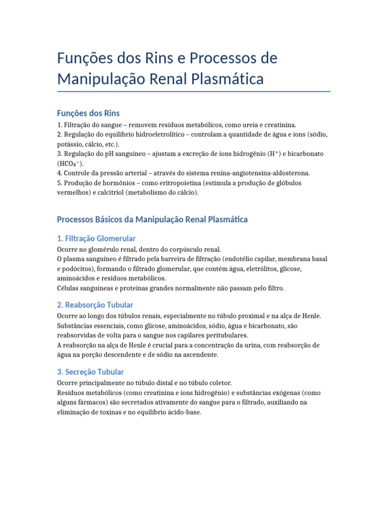 Funcoes Rins Manipulacao Renal | PDF
