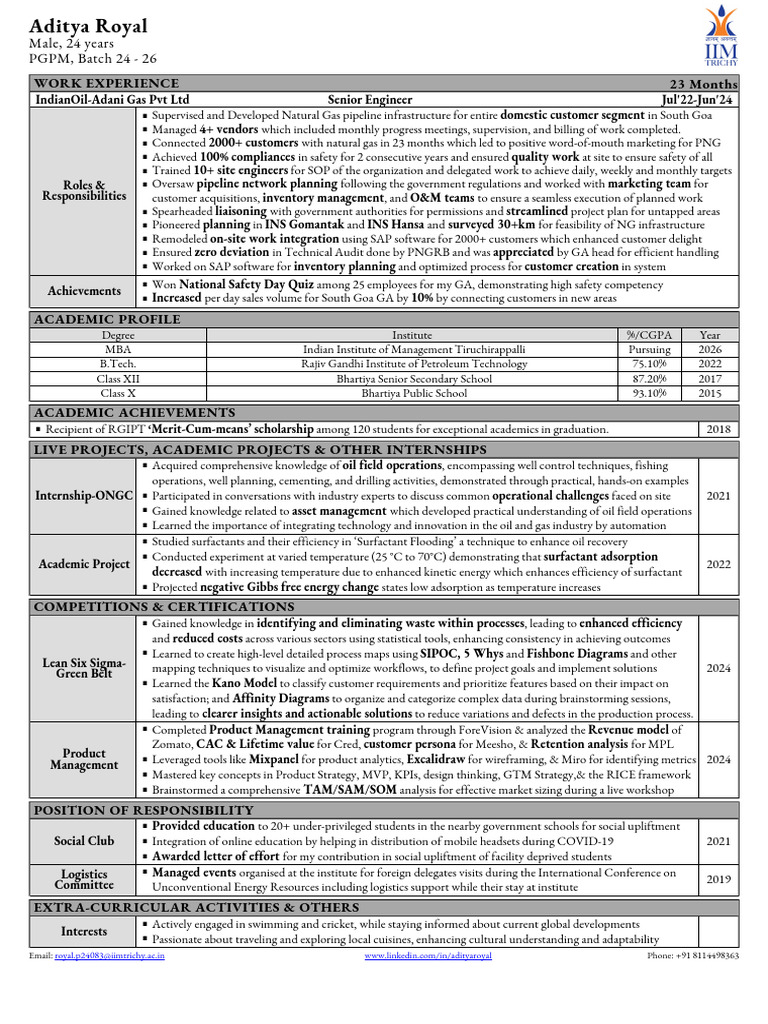 Resume Aditya Royal IIM Trichy | PDF | Six Sigma | Business
