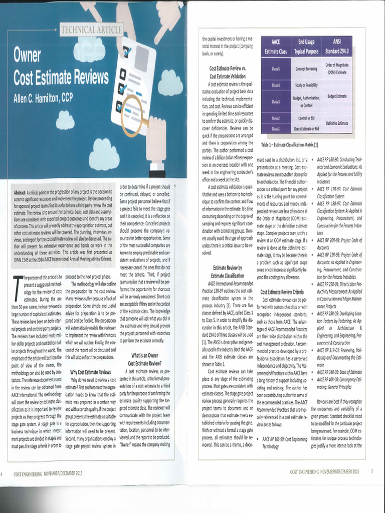 AACE OWNER COST ESTIMATE REVIEW | PDF