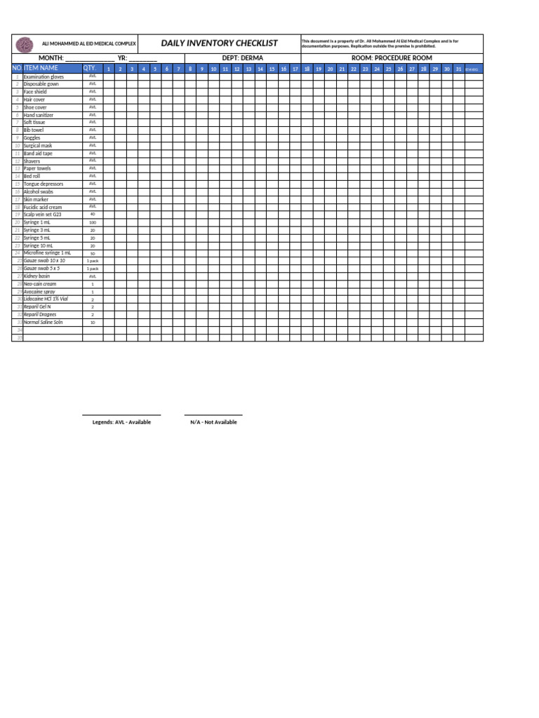 Derma Room Checklist | PDF