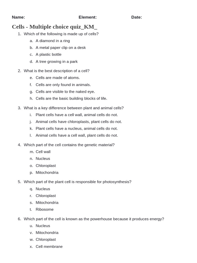 Cell Biology Quiz: Test Your Knowledge | PDF | Cell (Biology) | Cytoplasm