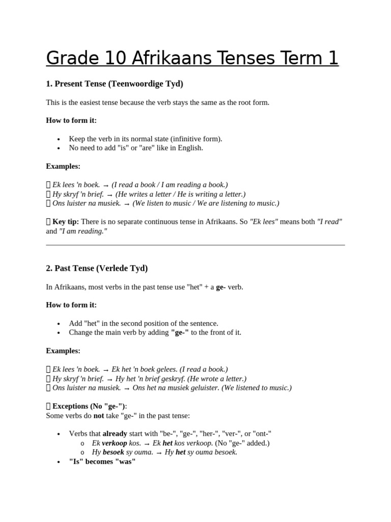Grade 10 Afrikaans Tenses Term 1 | PDF | Grammatical Tense | Language ...