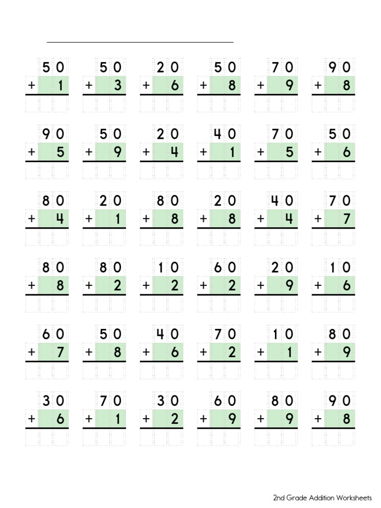 2nd Grade Adding Tens and 1digit Numbers No Regrouping Math Worksheet | PDF