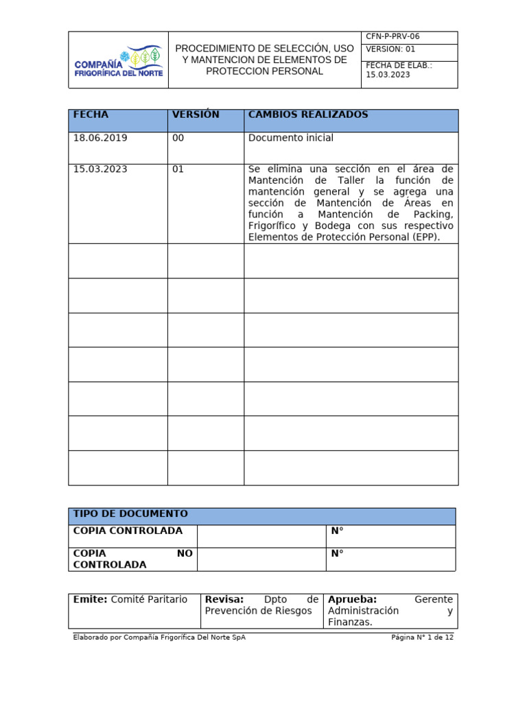 CFN-P-PRV-06 VERS. 01 PROCEDIMIENTO DE SELECCIÓN USO Y MANTENCION DE ELEMENTOS DE PROTECCION ...