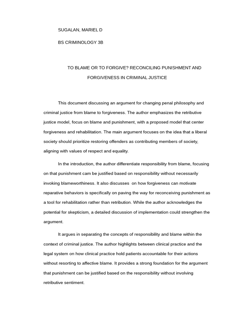 Forgiveness vs. Blame in Criminal Justice | PDF | Forgiveness | Justice