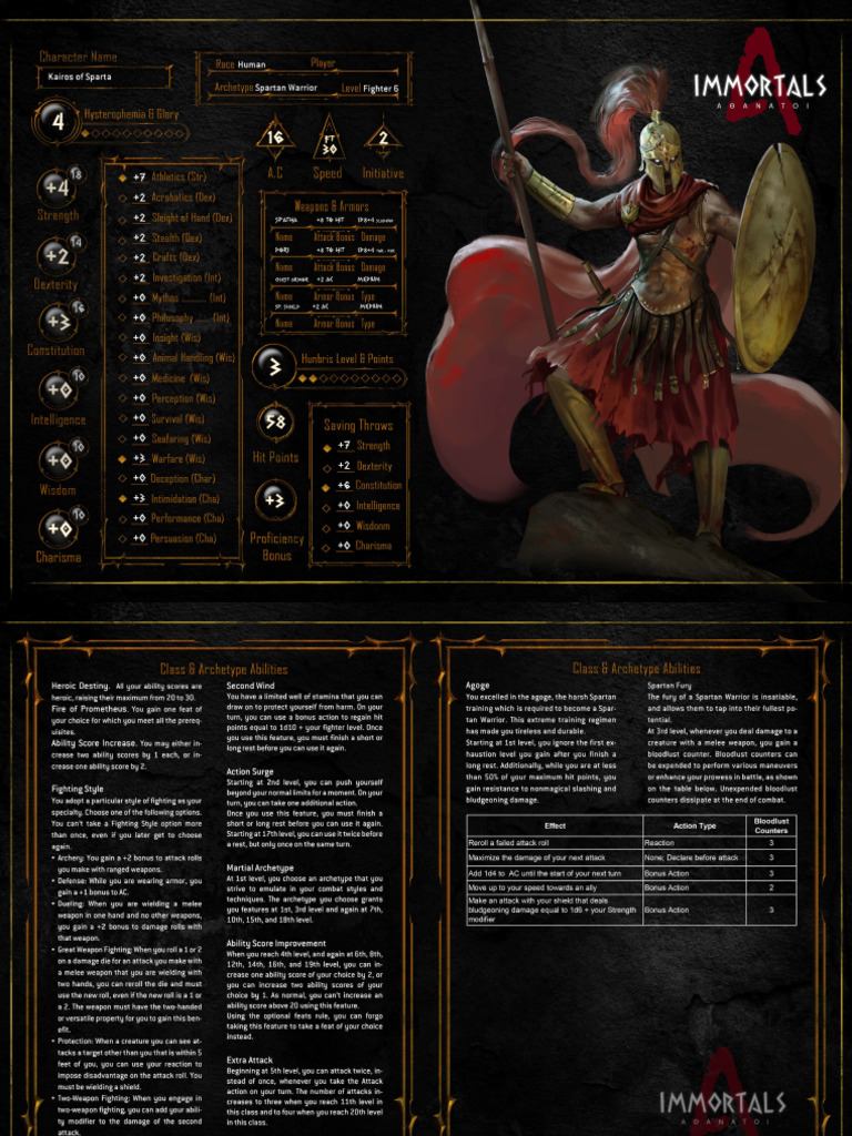 Human Spartan Warrior Character Sheet | PDF