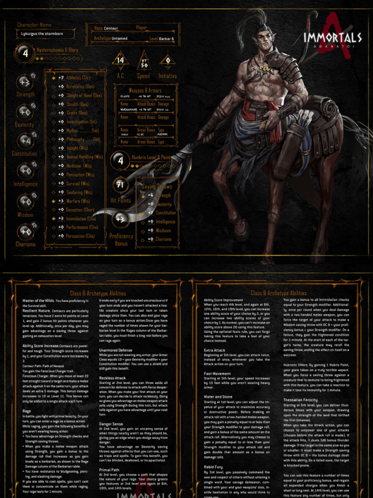 Centaur Untamed Character Sheet | PDF