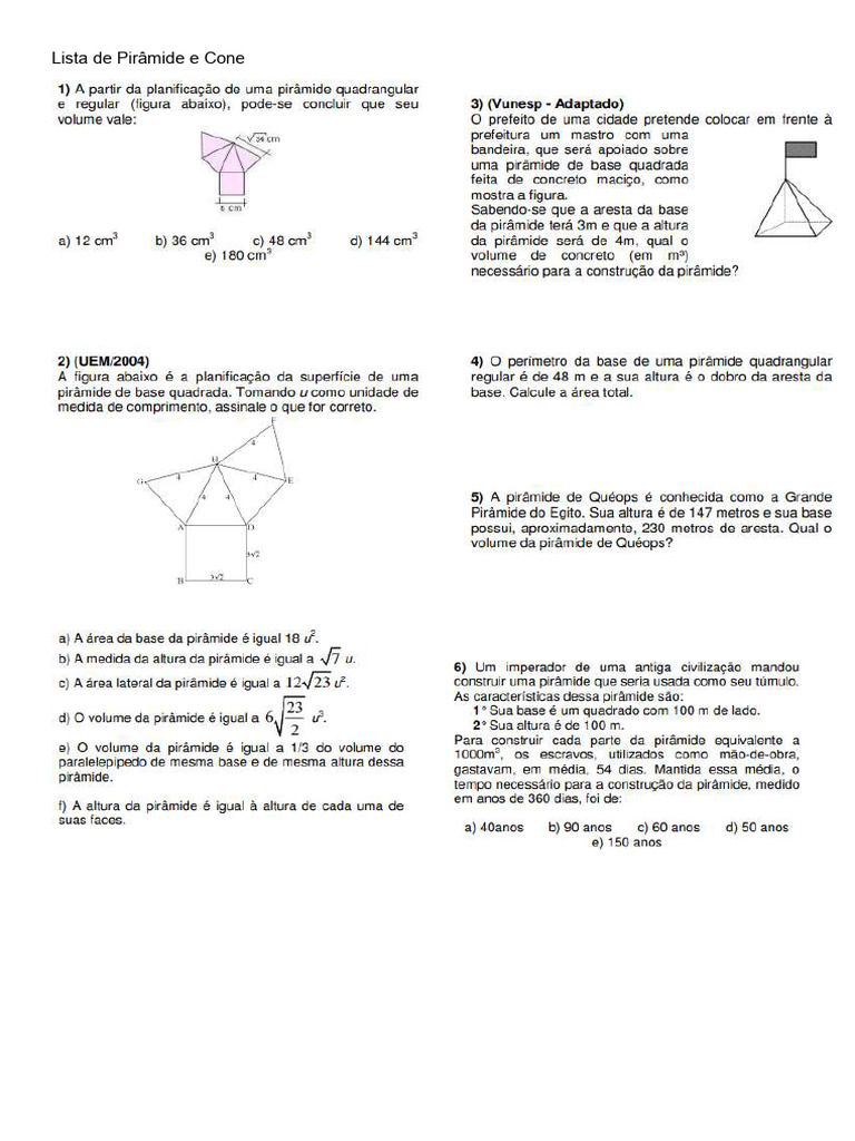 Lista de Piramide e Cone para Semana 11a 15 PDF | PDF