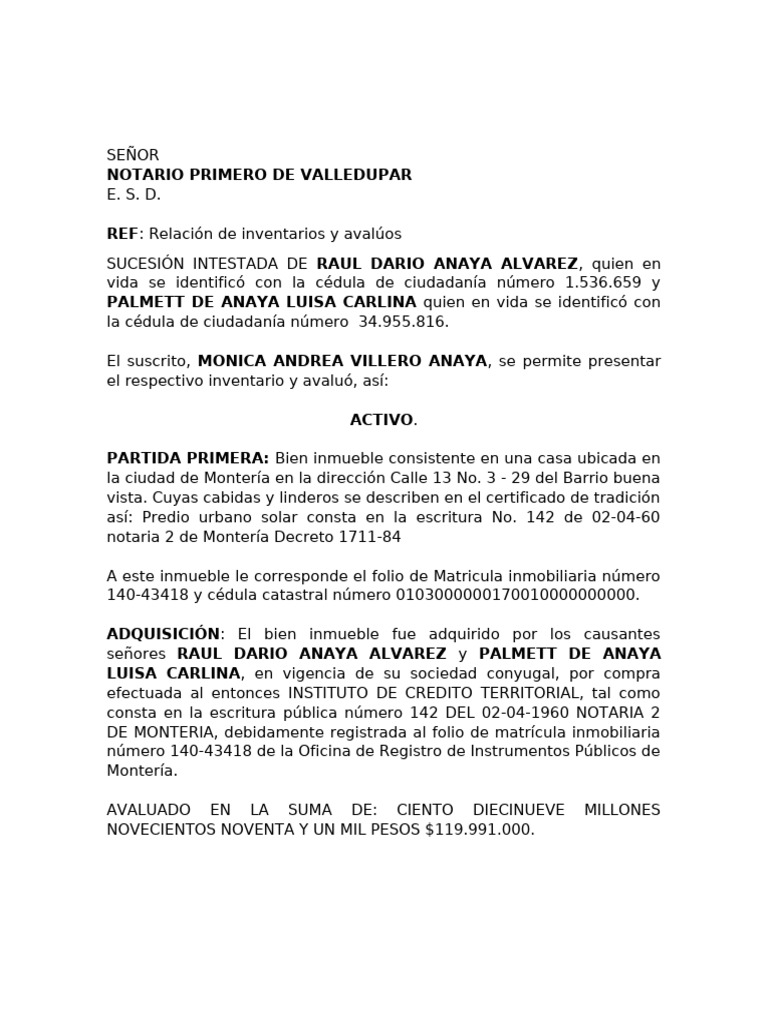 RELACIÓN DE INVENTARIOS Y AVALÚOS ANAYA PALMETT | PDF