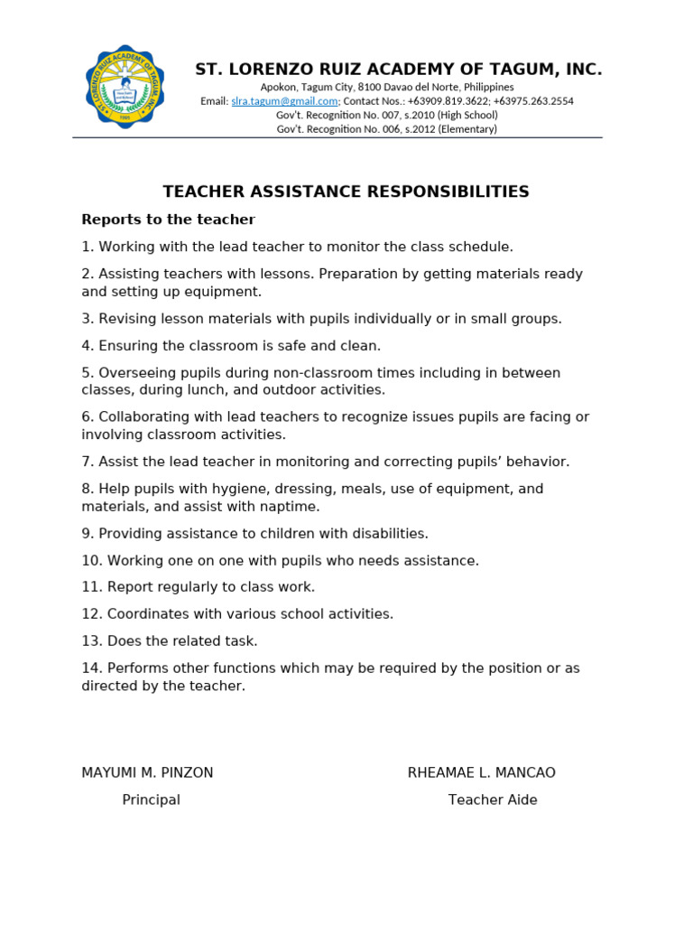 Teacher Assistance Responsibilities | PDF