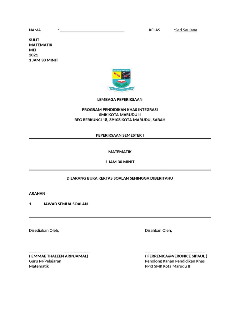 SOALAN PEPERIKSAAN SEM 1 2021 MT T5 | PDF