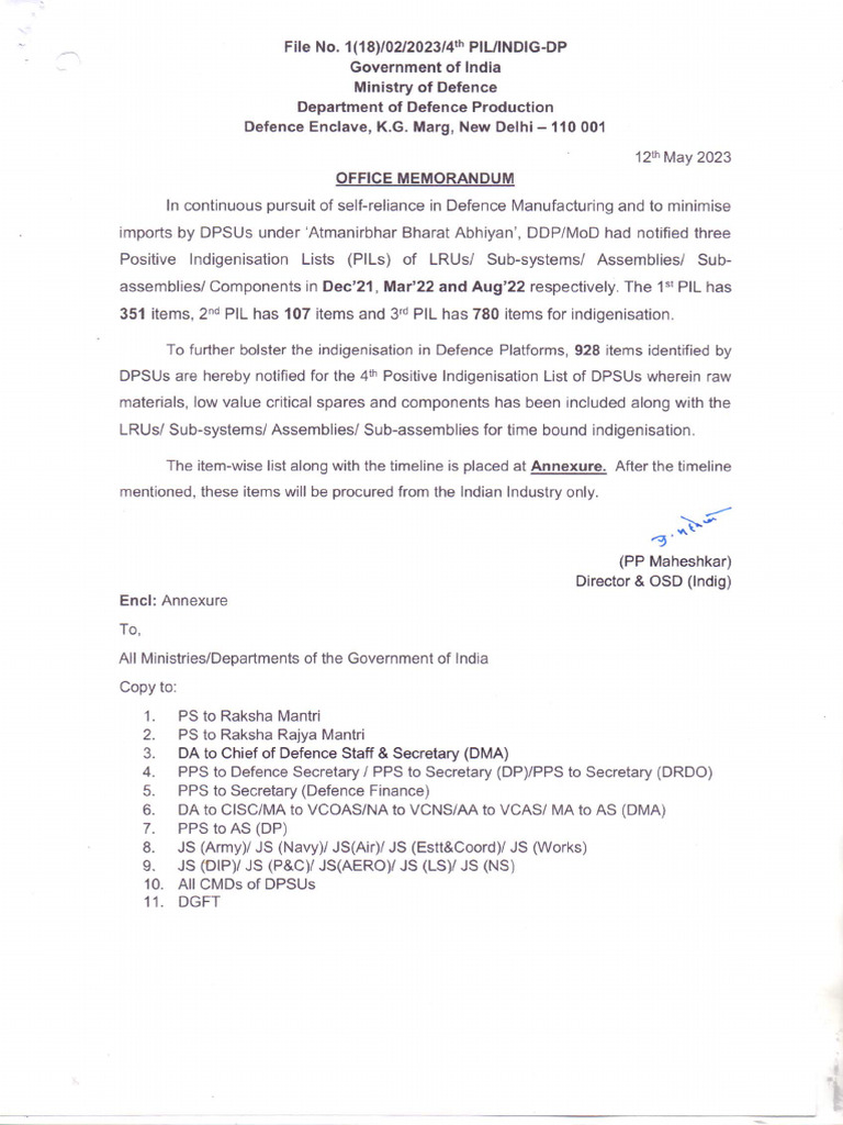 Government of India - 4th Positive Indigenization List | PDF