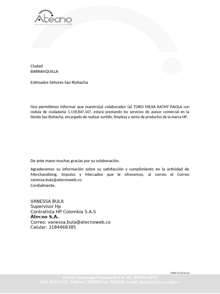 Carta Ingreso Sao Riohacha Kathy Toro | PDF