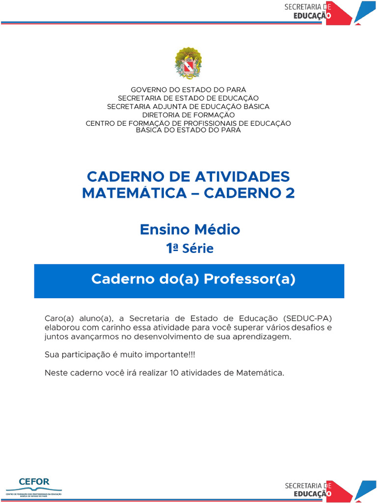 FA 2023 MAT - (Caderno 2) - 1 SÉRIE EM - PROFESSOR | PDF | Cálculo