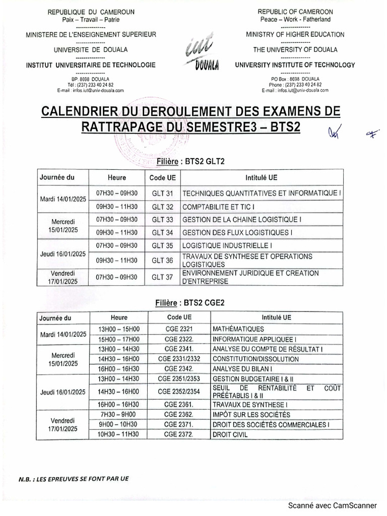Calendrier de Déroulement Des Examens de Rattrapage S1 BTS2 - 2024 | PDF