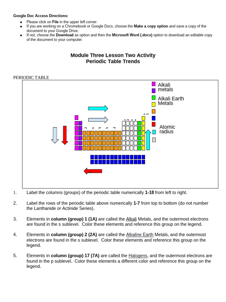 Module Three Lesson Two Activity Periodic Table Trends | PDF | Periodic Table | Chemical Elements