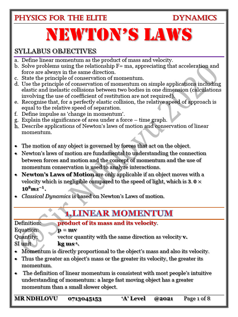 A Level Physics 04. Dynamics Lesson 1-Newtons Laws | PDF | Momentum | Force