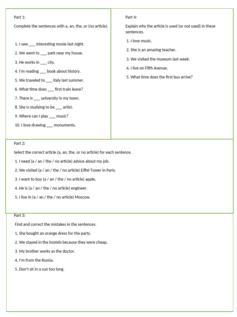 Articles Usage Worksheet for Class 1 | PDF