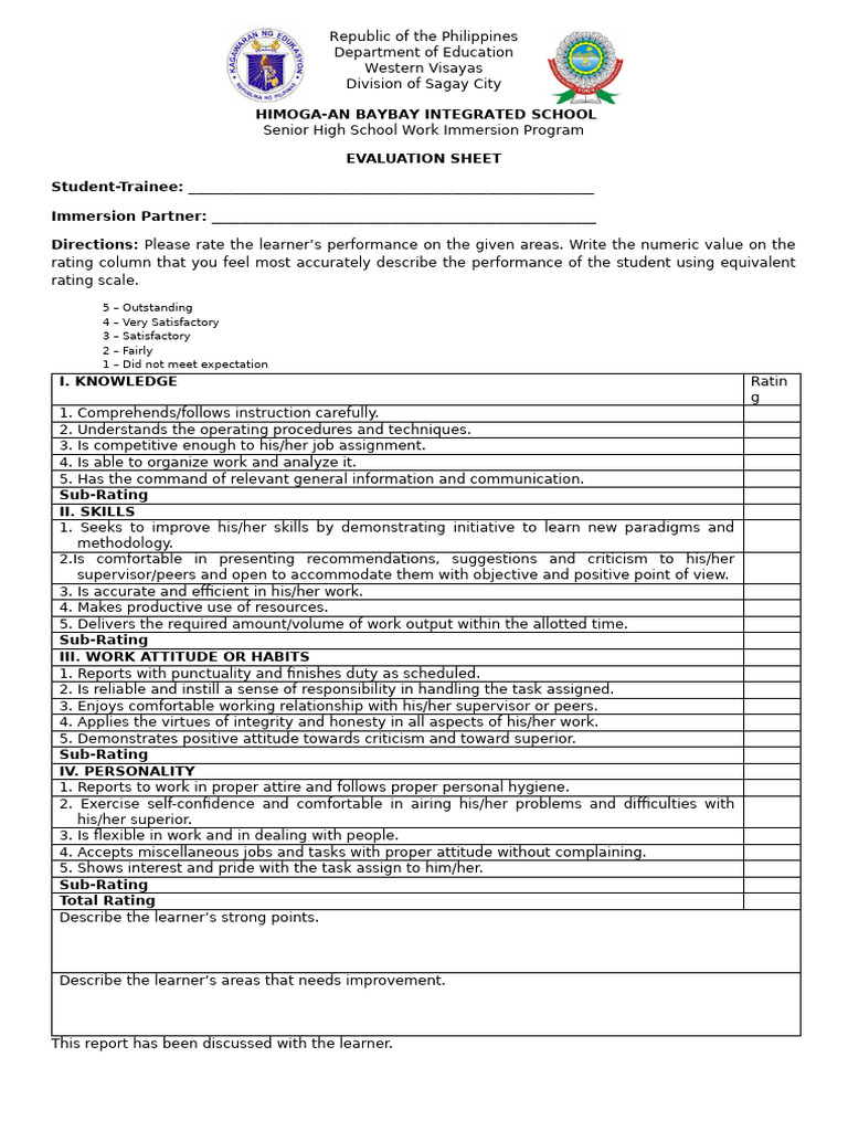 Work-Immersion Evaluation Sheet | PDF | Learning | Behavior Modification