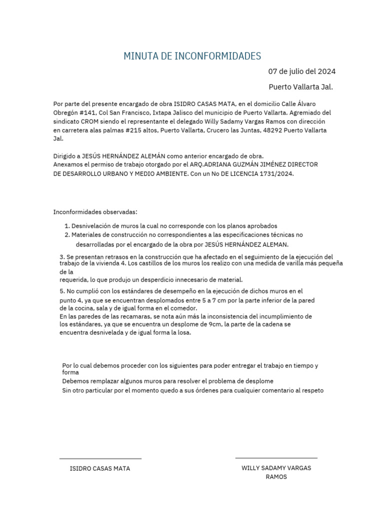 Ejemplo de minuta de inconformidad | PDF