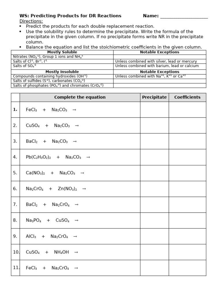 Double Replacement Reaction Predictions | PDF | Sodium Carbonate ...
