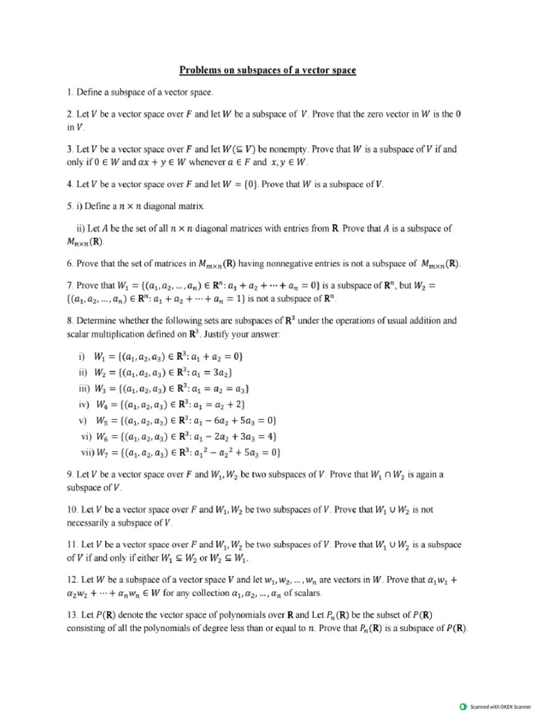 Practising Problems on Subspace of a vector space | PDF