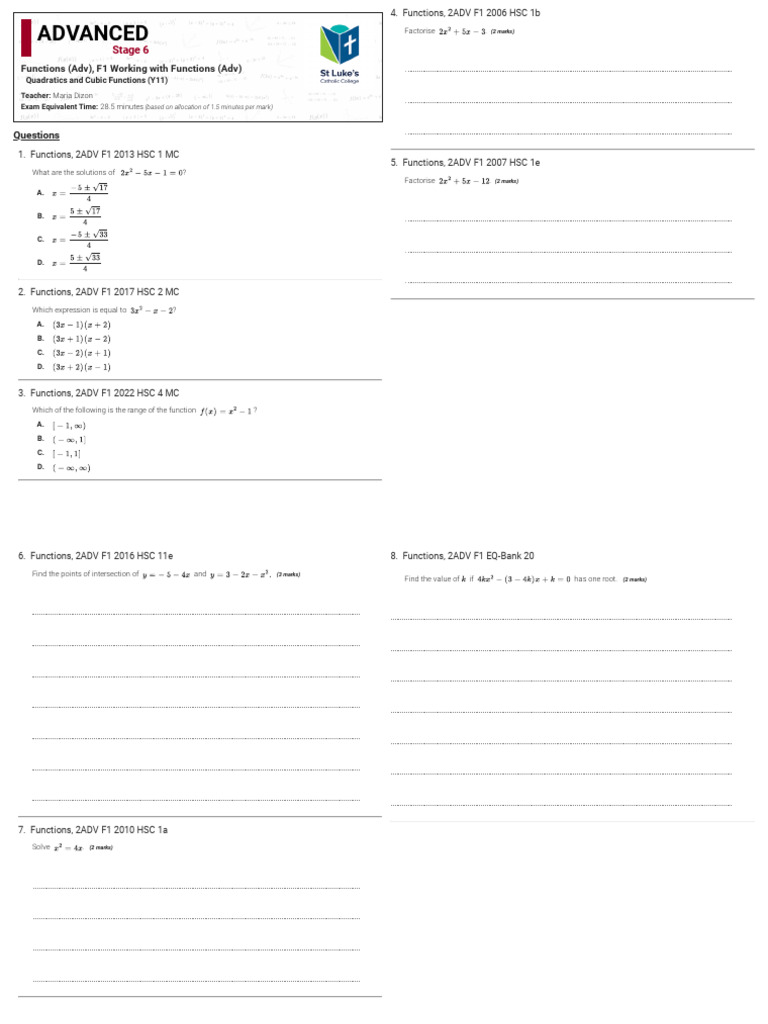 HSC Questions - Year 11 Quadratics | PDF | Quadratic Equation | Mathematics