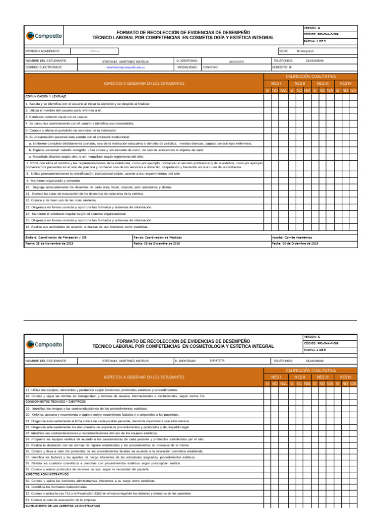Planillas TL en Estetica y Cosmetologia - PPS-GAA-F-006 | PDF