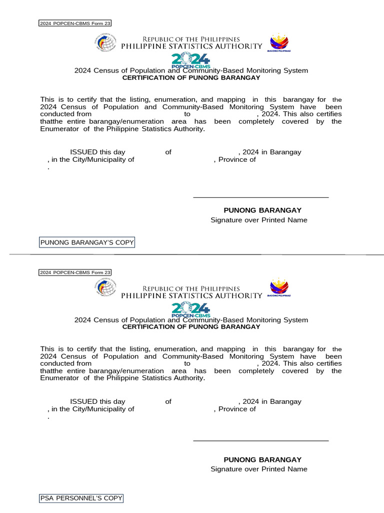 2024 POPCEN CBMS Form 23 Certification of Punong Barangay (1) | PDF