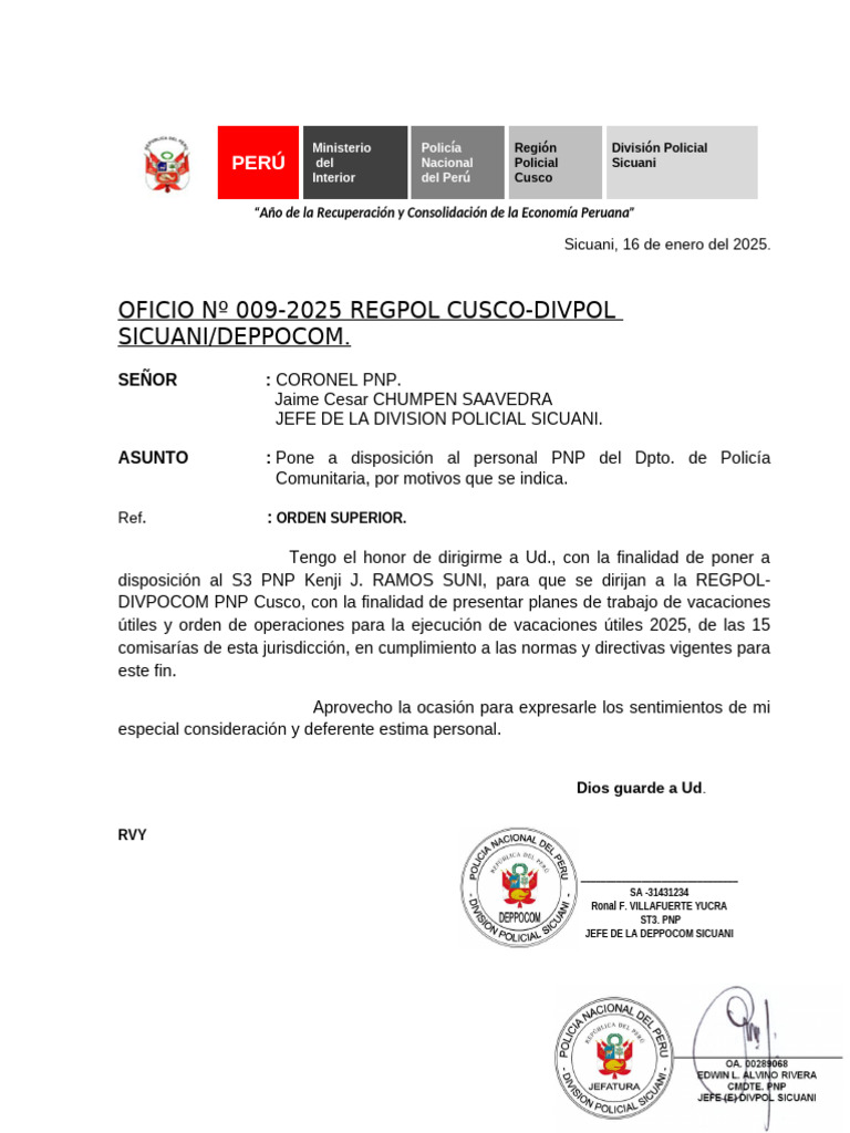 Oficio #09 Pone A Disposicion Al Personal PNP para Llevar Documentos | PDF