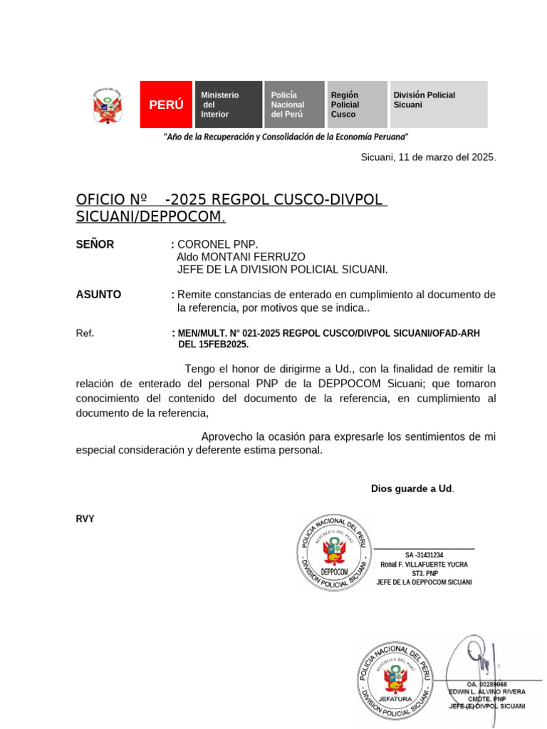 Oficio #XXX Se Remite Contacia de Enterado | PDF