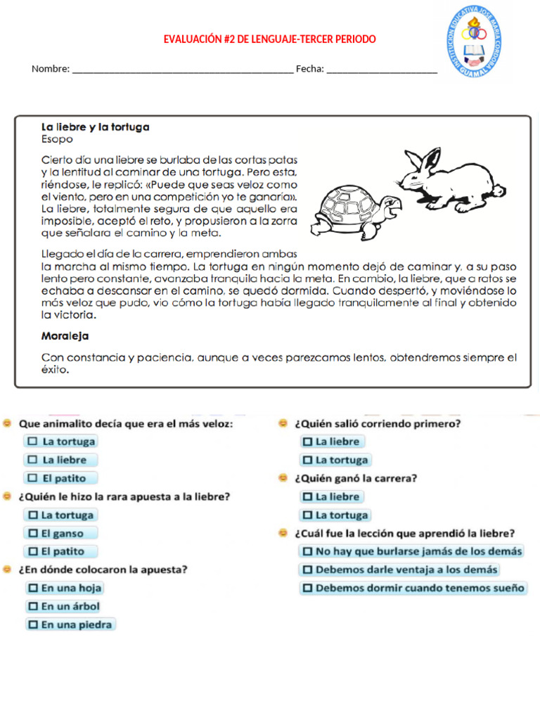 Evaluación de La Fabula Grado Segundo | PDF