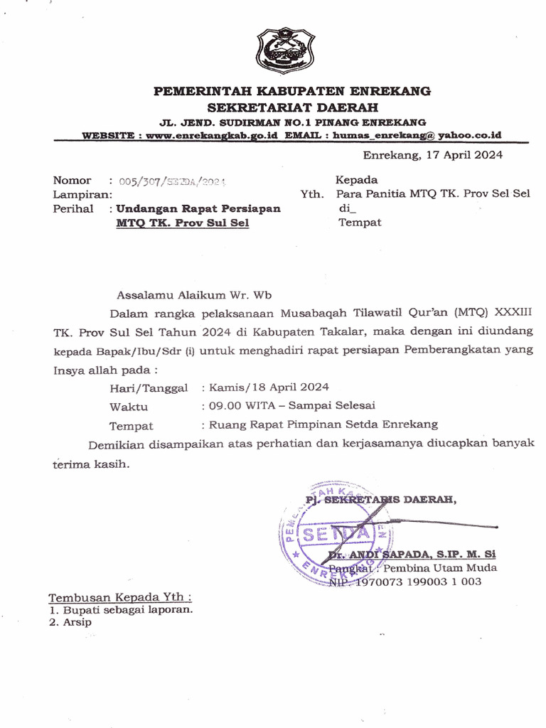 Undangan Rapat Persiapan MTQ Tk. Prov Sulsel | PDF