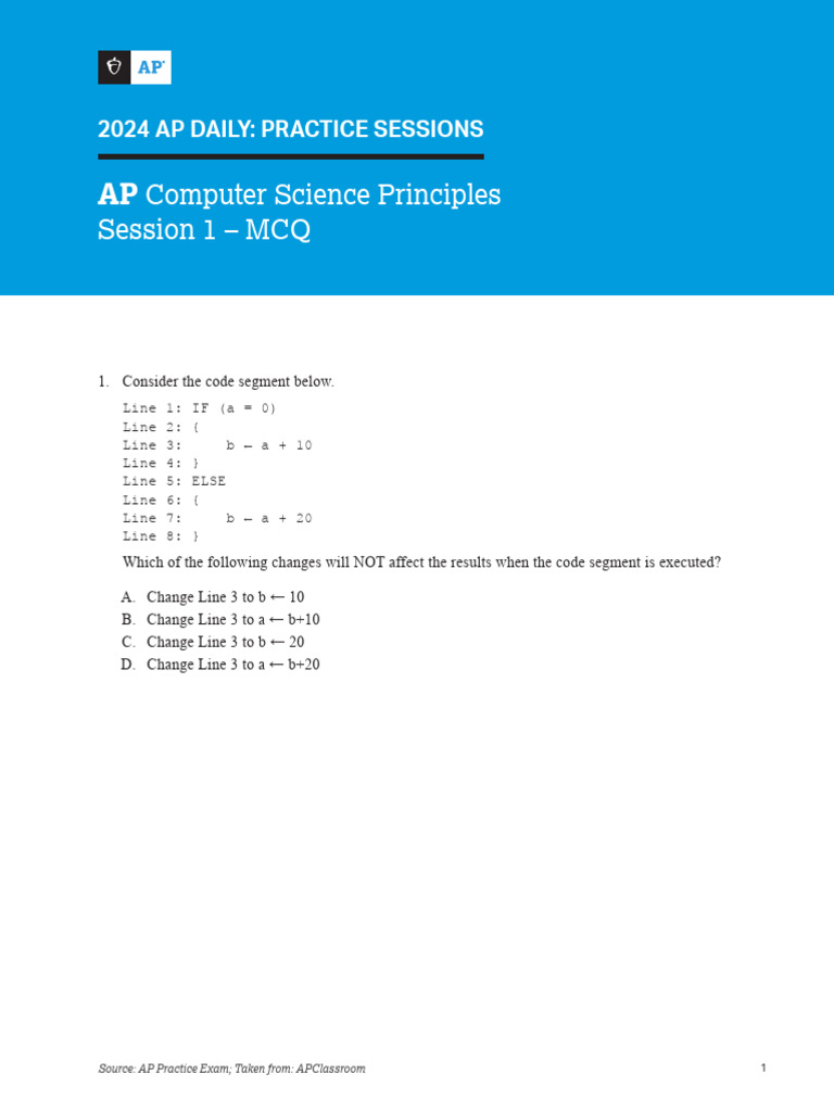 AP Computer Science Principles MCQs | PDF | Computer Programming ...