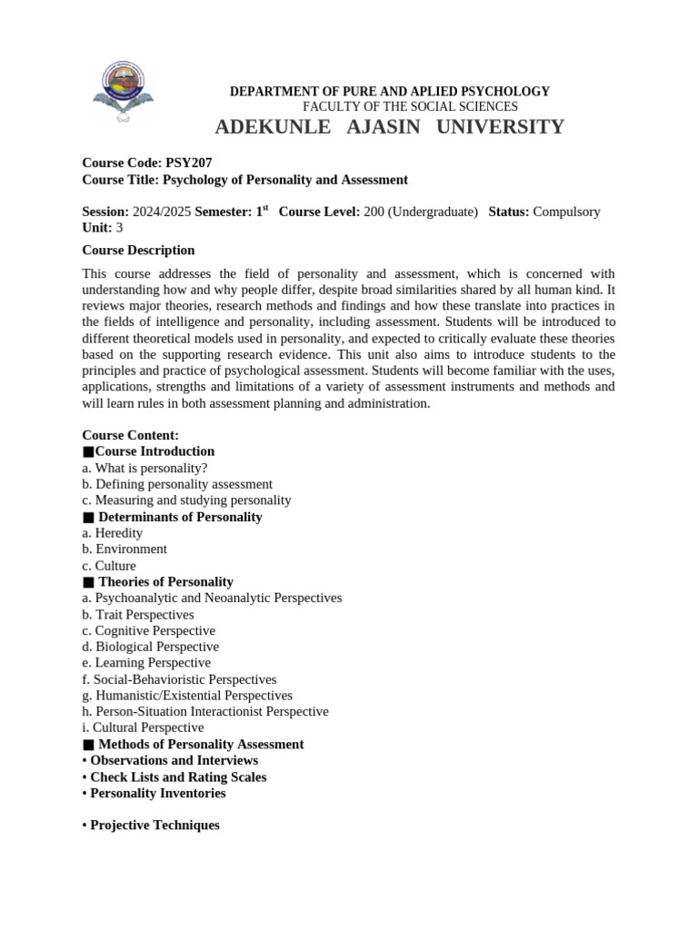 PSY 207 - Psychology of Personality and Assessment - Course Outline ...