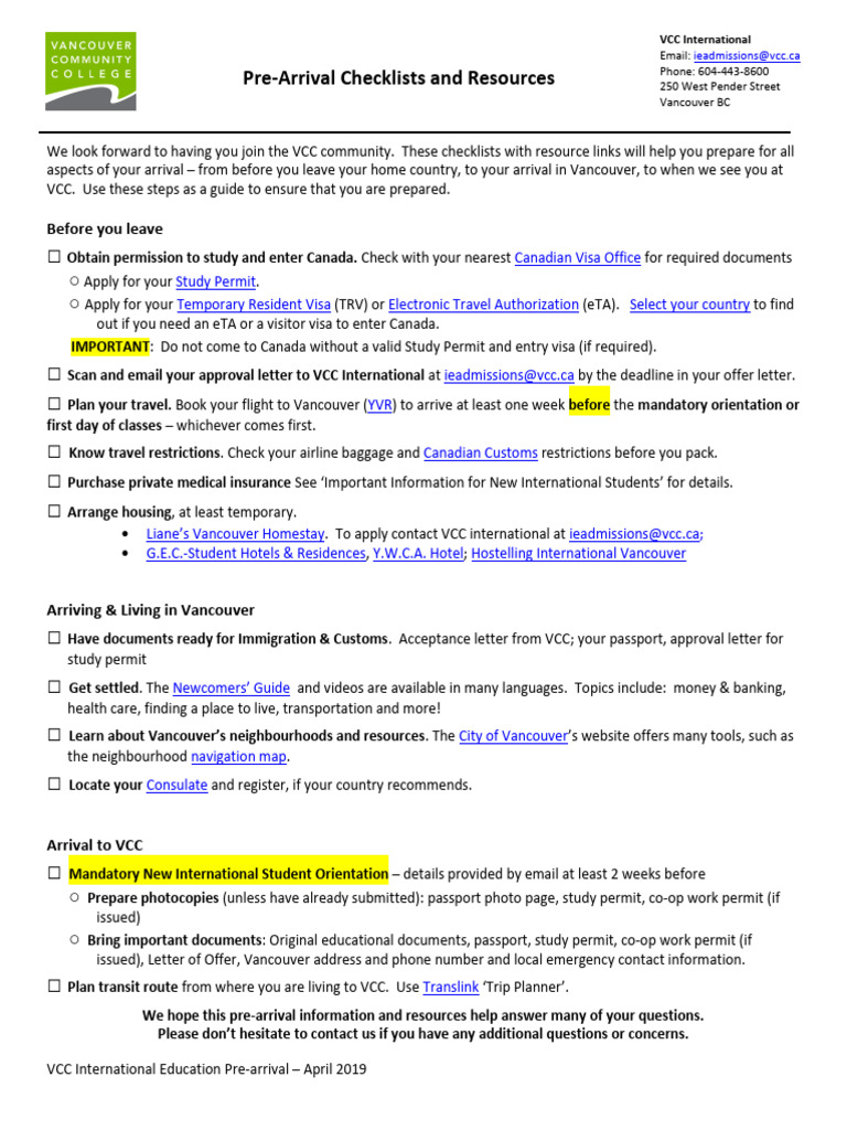 Pre Arrival Checklist For New Students 2019 | PDF | Travel Visa ...