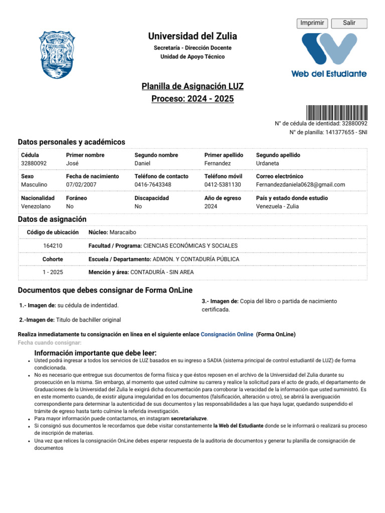 Cédula de Estudiante LUZ 2024-2025 | PDF