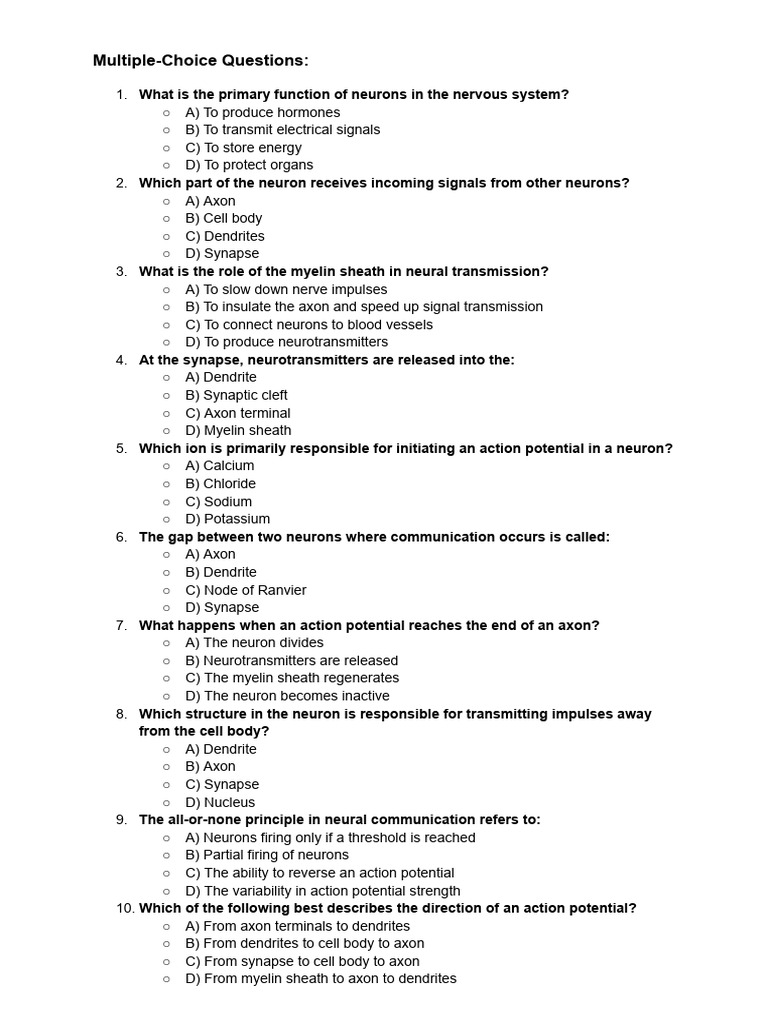 Neuron Function and Action Potential Quiz | PDF