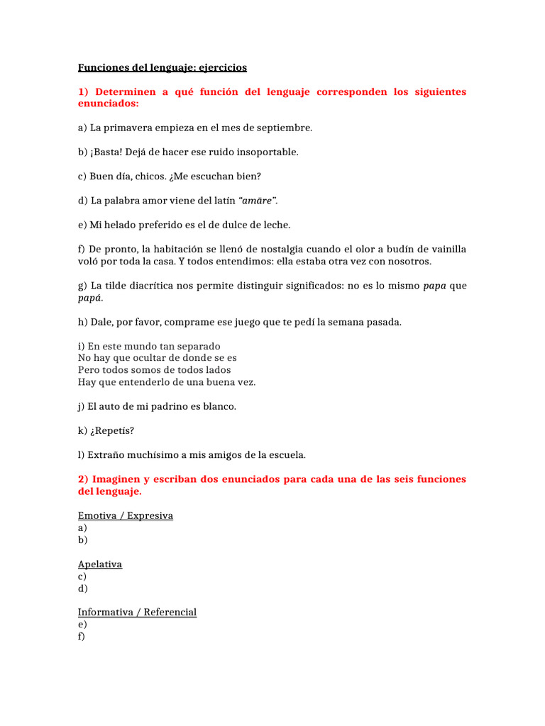 Funciones Del Lenguaje (Ejercicios) | PDF