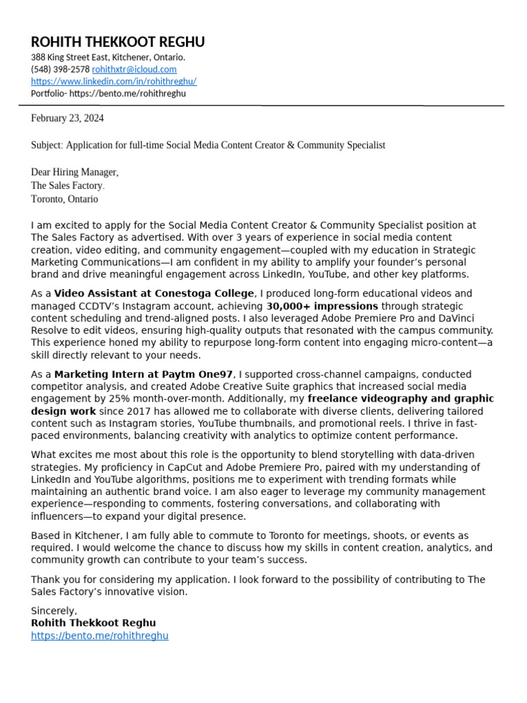 Professional Development Job Application Rohith Reghu | PDF | Social Media | Popular Culture ...