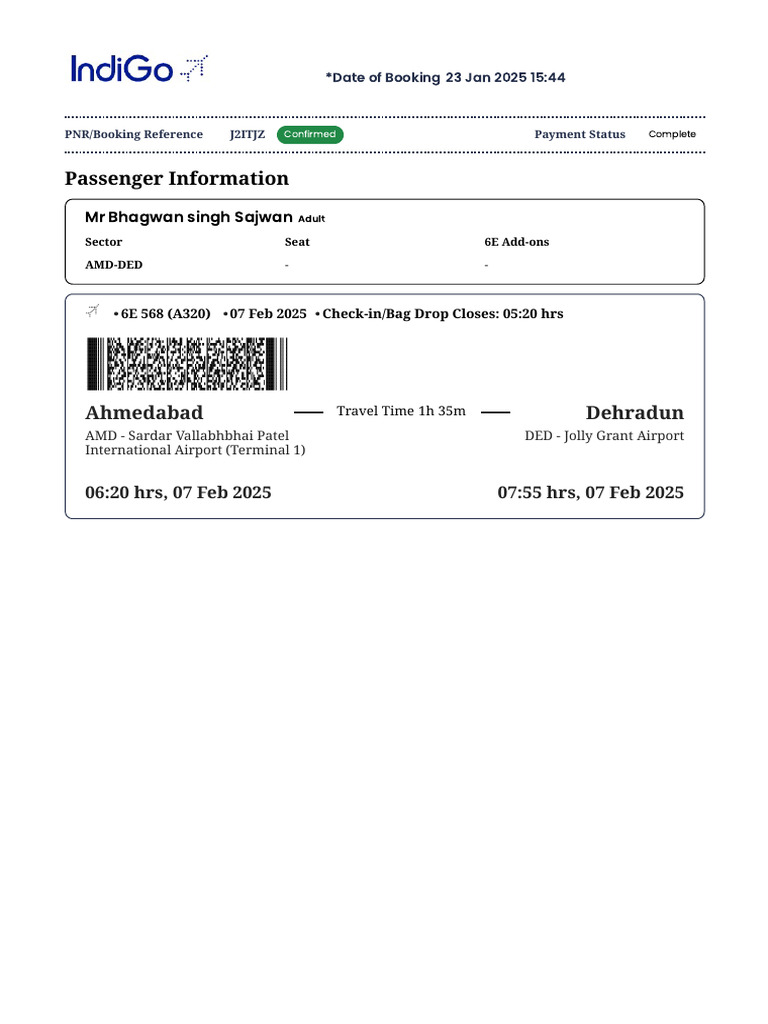 Flight Booking Confirmation for AMD-DED | PDF