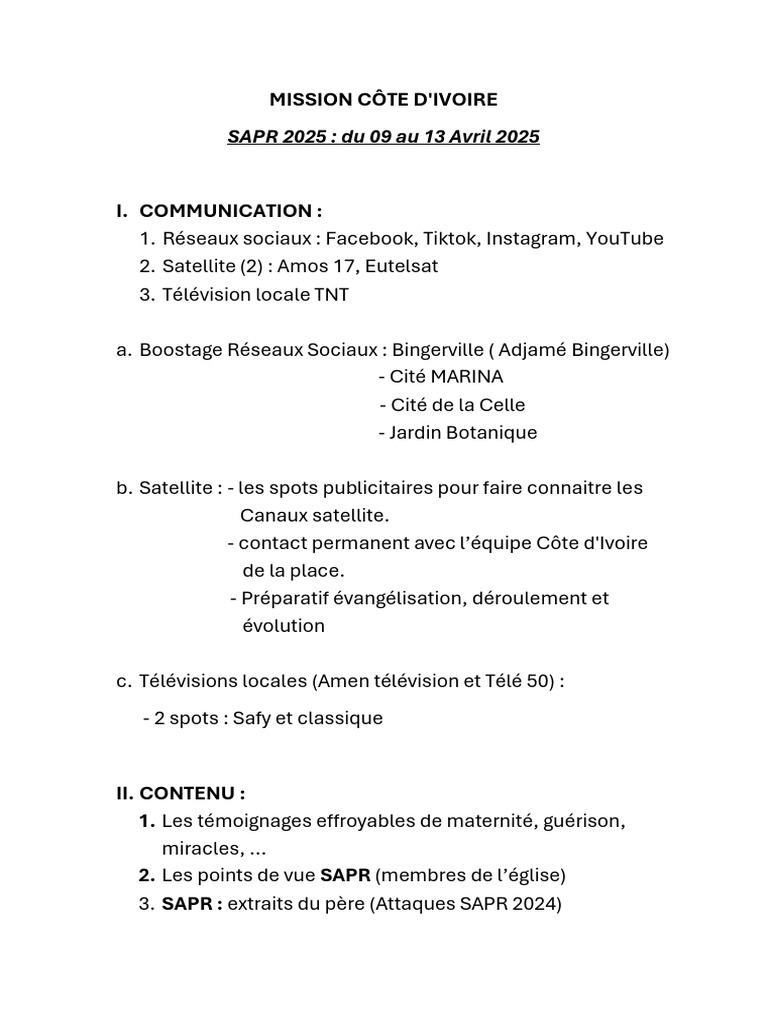 SAPR 2025 : Événements en Côte d'Ivoire | PDF